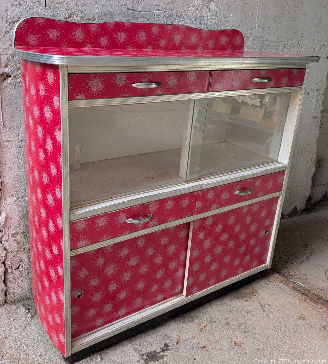 1950s Red Starburst Arborite Kitchen Cabinet | Maxsold