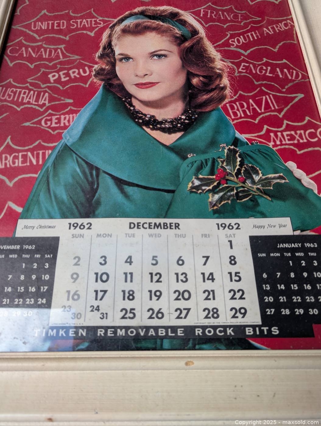 Framed 1962 Timken December calendar page | Maxsold
