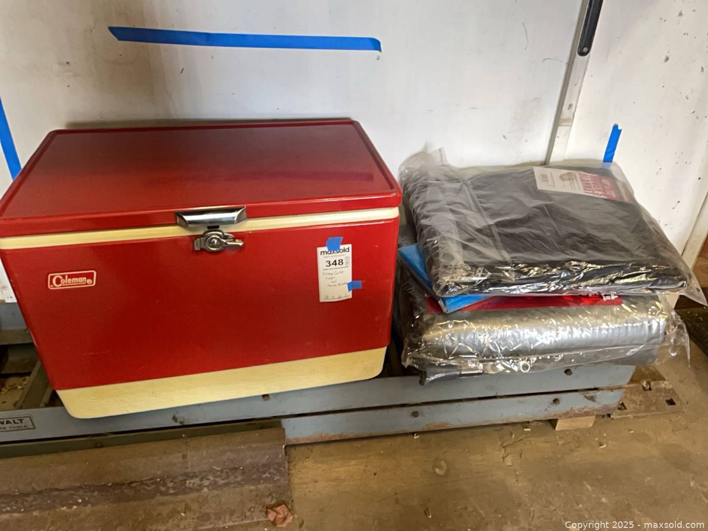 Vintage Coleman red steel cooler, 3 new tarps, new moving blanket | Maxsold