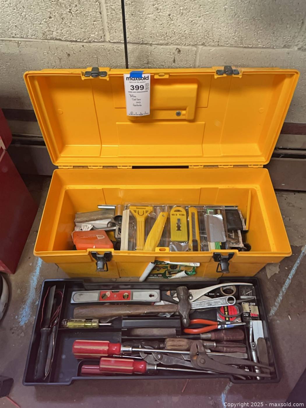 Yellow plastic toolbox with assorted hand tools | Maxsold