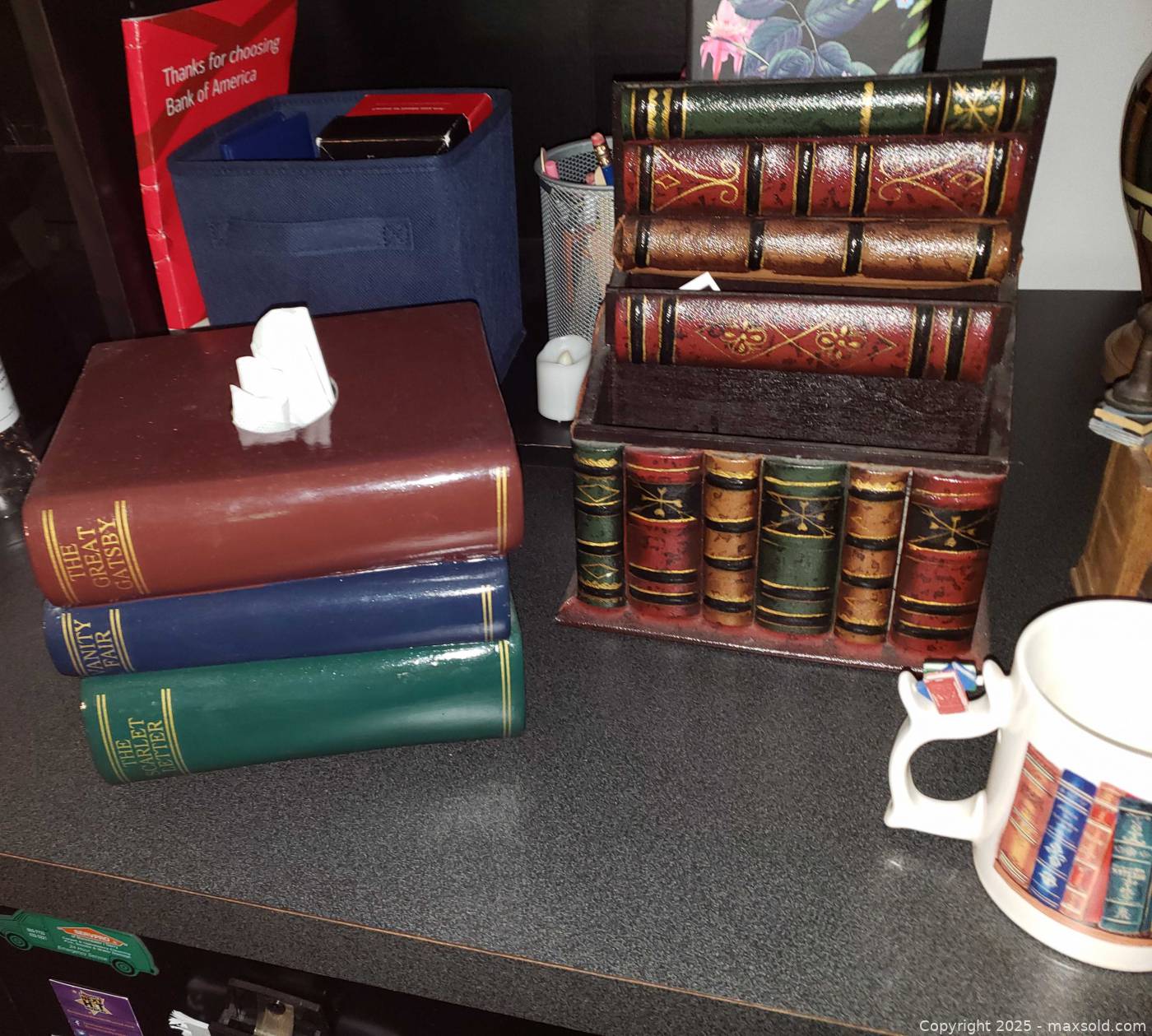 Faux Book Storage Boxes & Book-Themed Mug | Maxsold