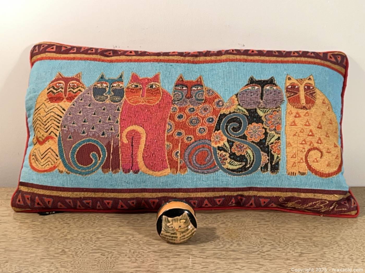 Laurel Burch cat pillow and wooden cat trinket box | Maxsold