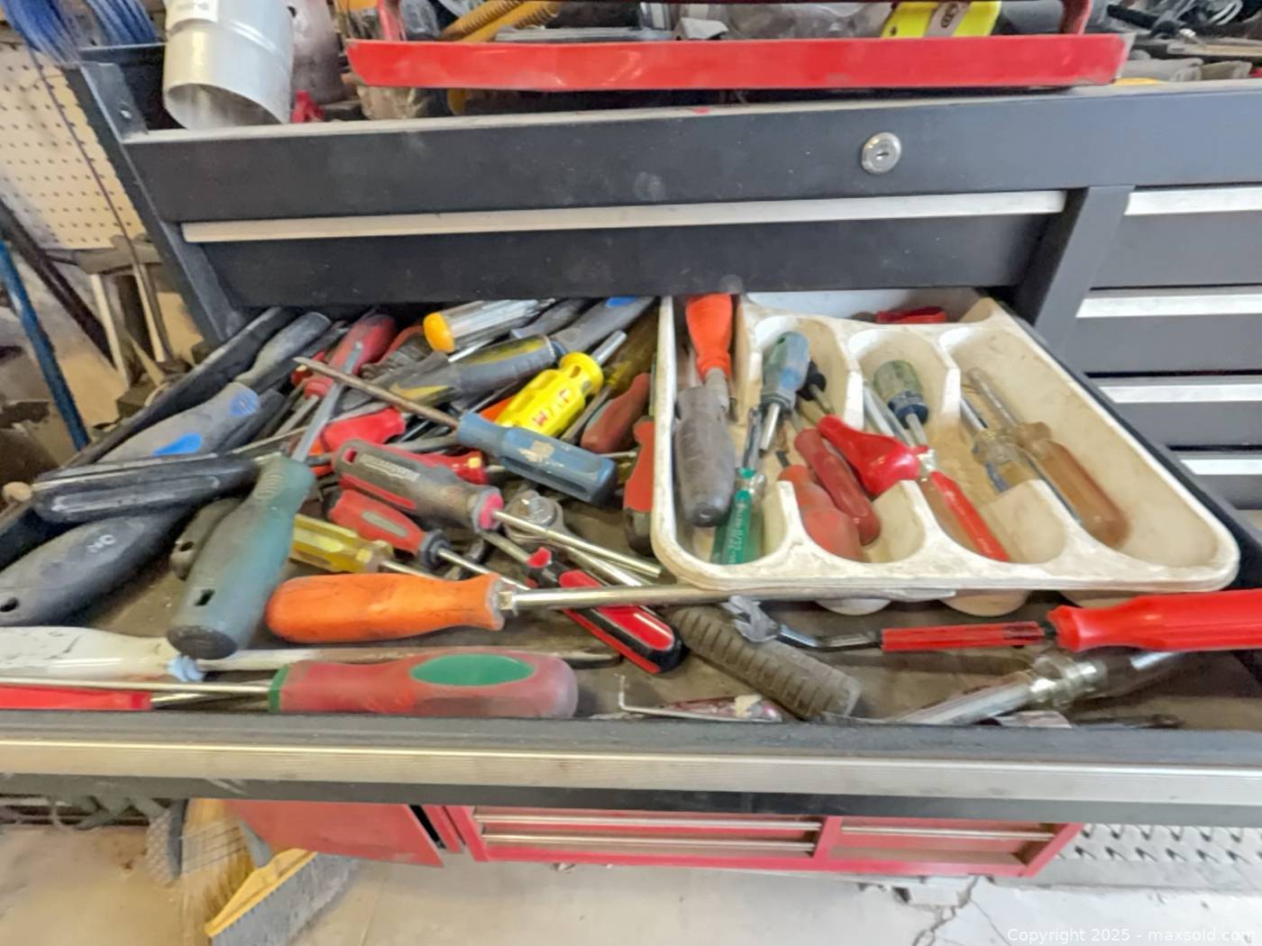 Mastercraft rolling red tool chest with black top box and assorted hand ...
