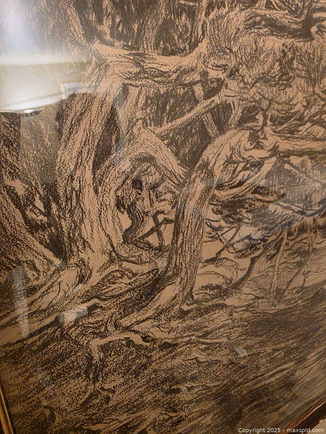 Framed graphite woodland scene drawing | Maxsold
