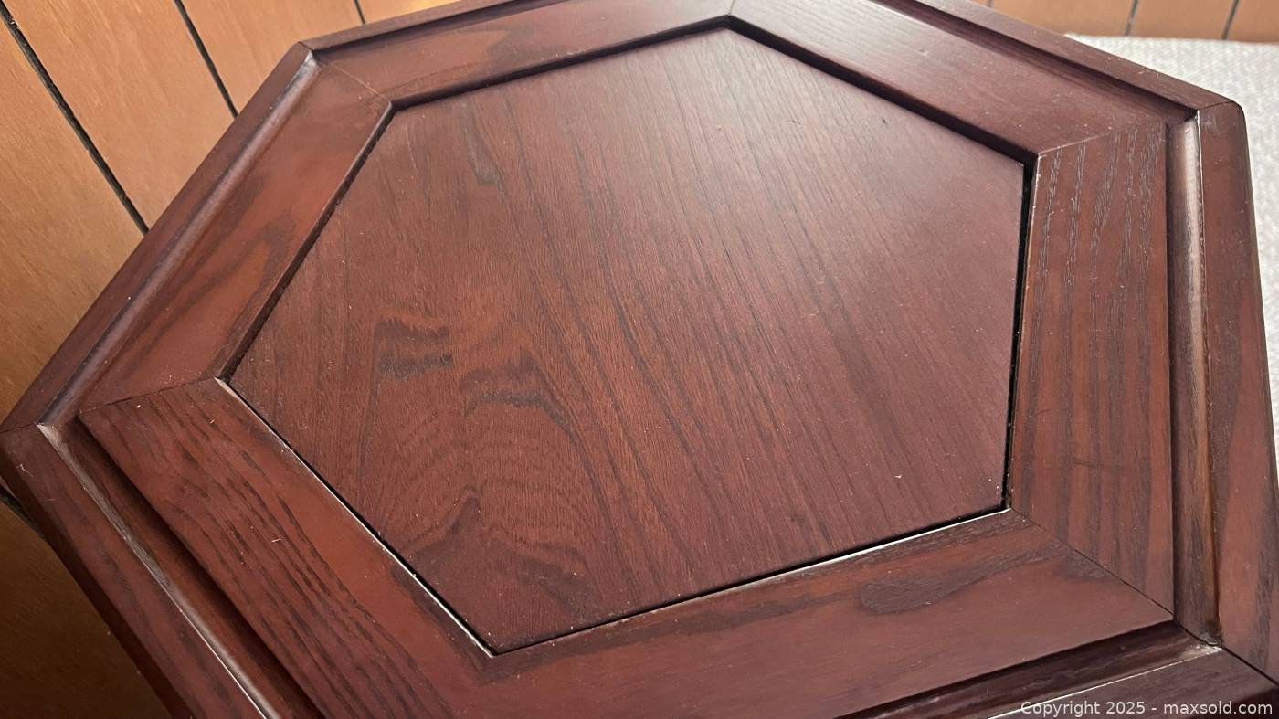 Hexagonal wood end table with cabinet | Maxsold