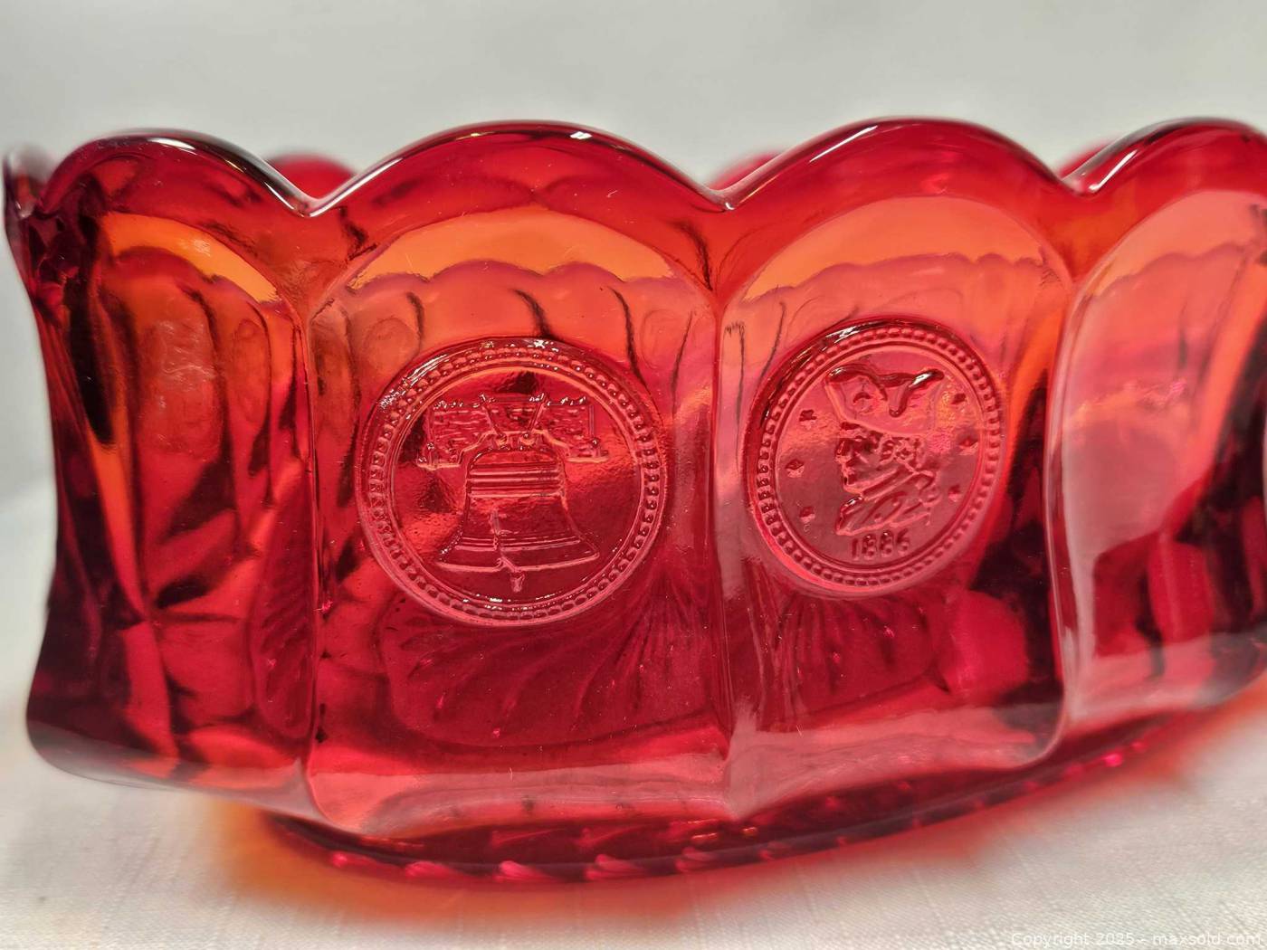 Fostoria ruby red coin glass scalloped bowl | Maxsold
