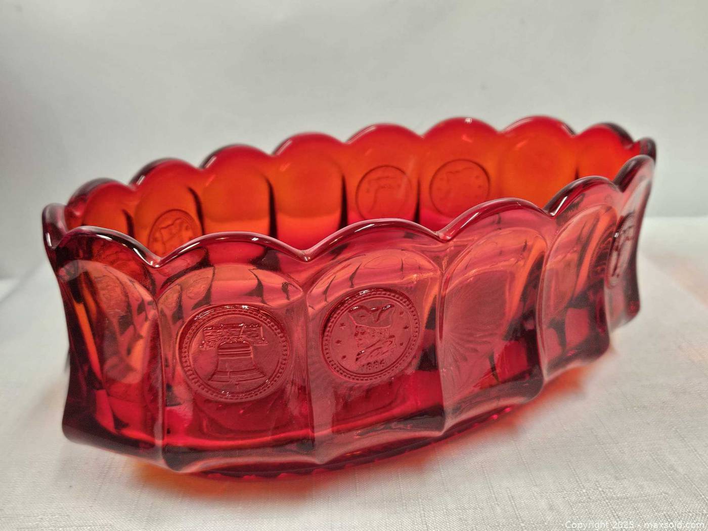Fostoria ruby red coin glass scalloped bowl | Maxsold