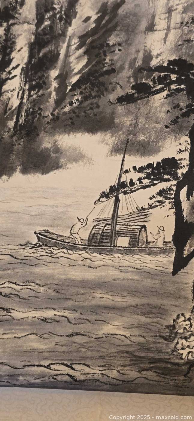 Ink wash landscape scroll painting 74x27 | Maxsold