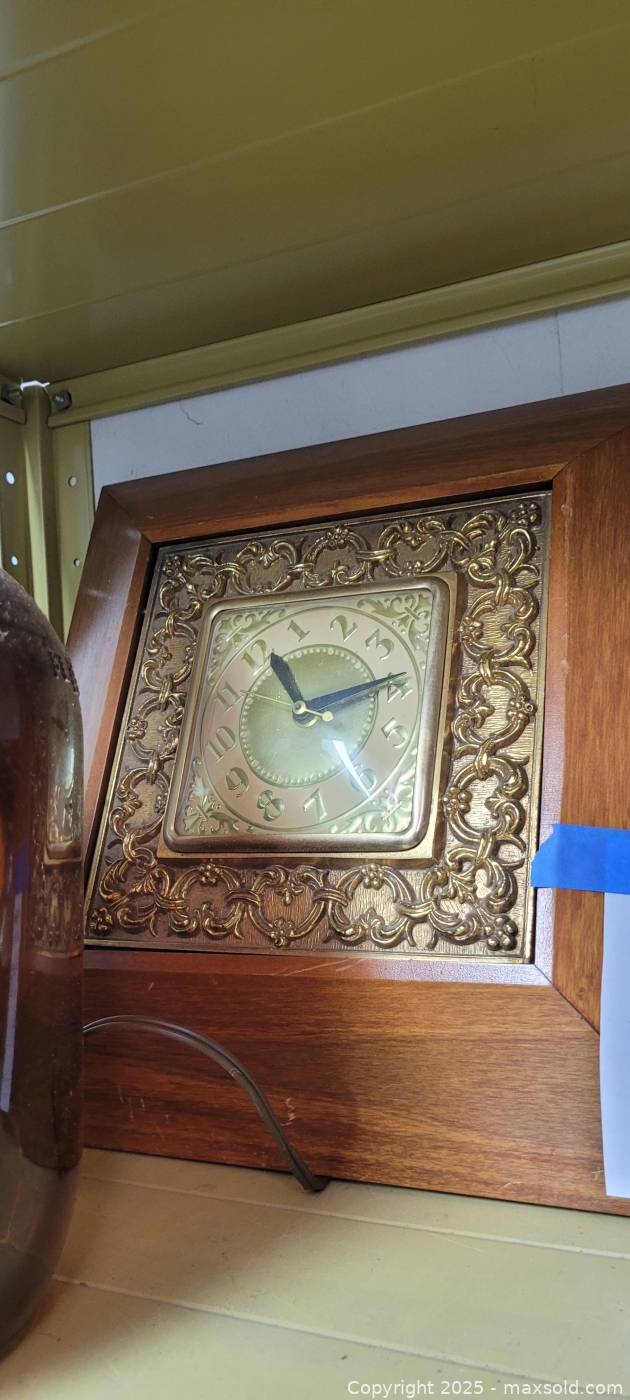 Amber glass jug, wooden wall clock, 3-dial weather station | Maxsold