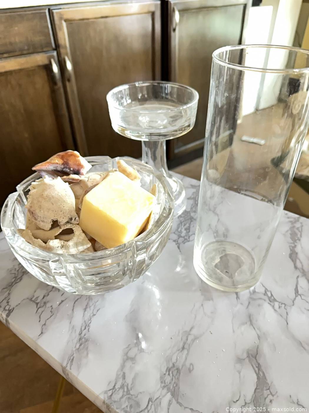 Clear glass bowl, pedestal compote, cylinder vase | Maxsold