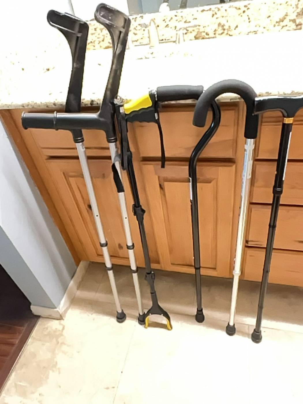 5 mobility aids: pair forearm crutches, reacher, crook cane, adjustable ...