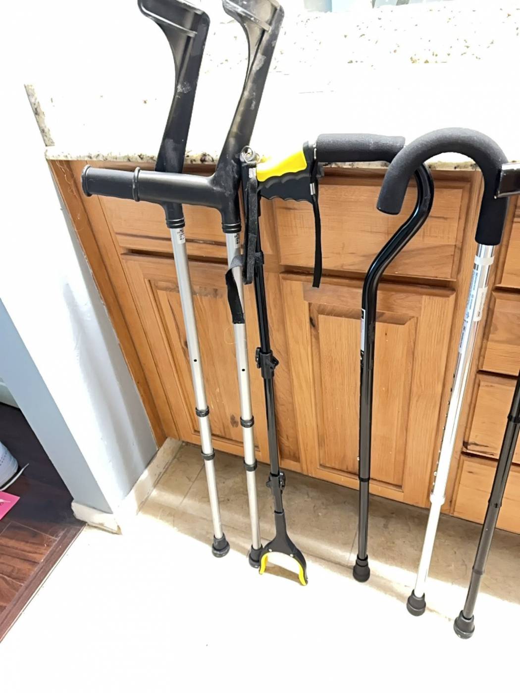 5 mobility aids: pair forearm crutches, reacher, crook cane, adjustable ...