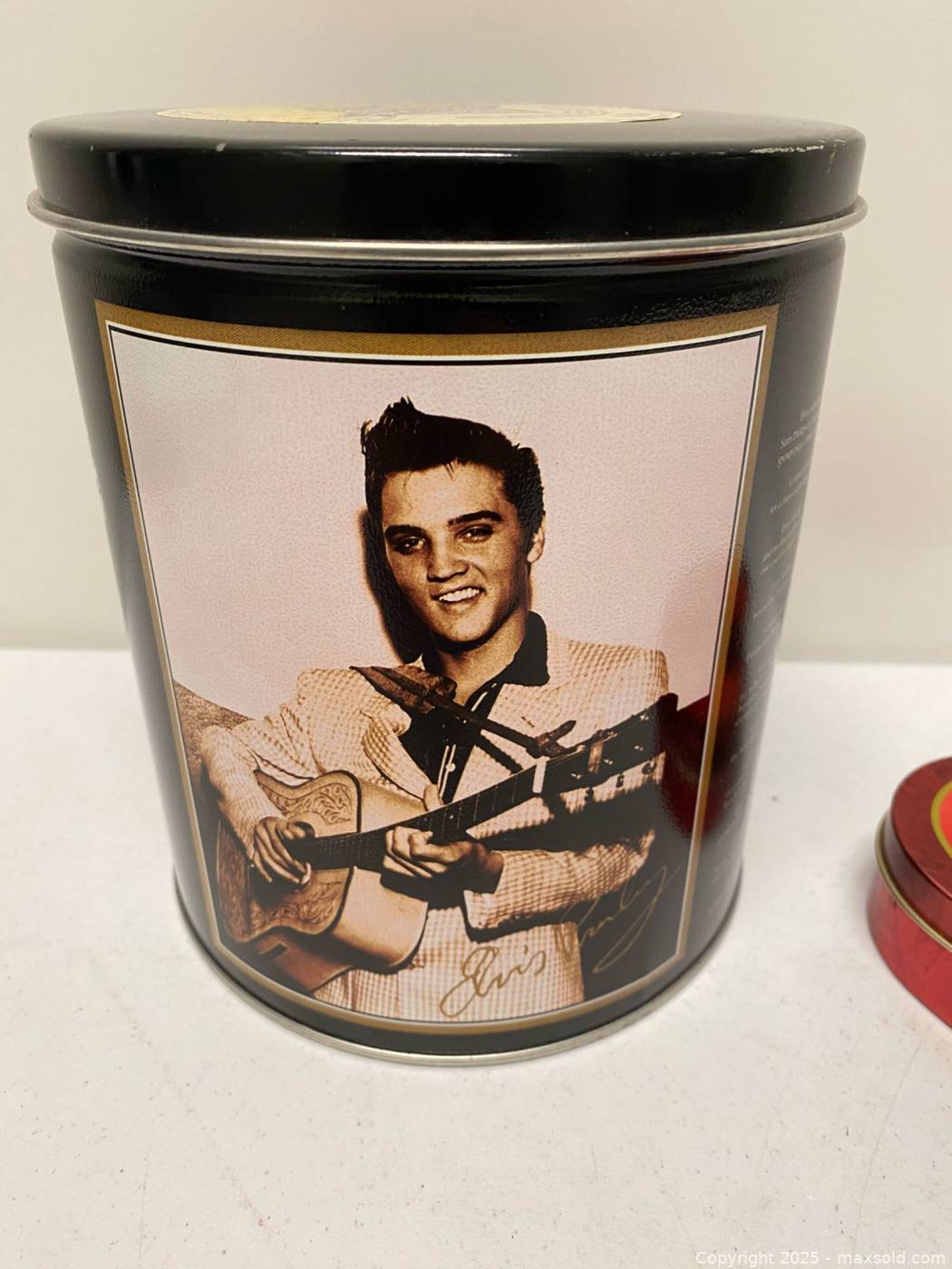 Elvis Presley popcorn tin & 2003 Russell Stover heart tin | Maxsold