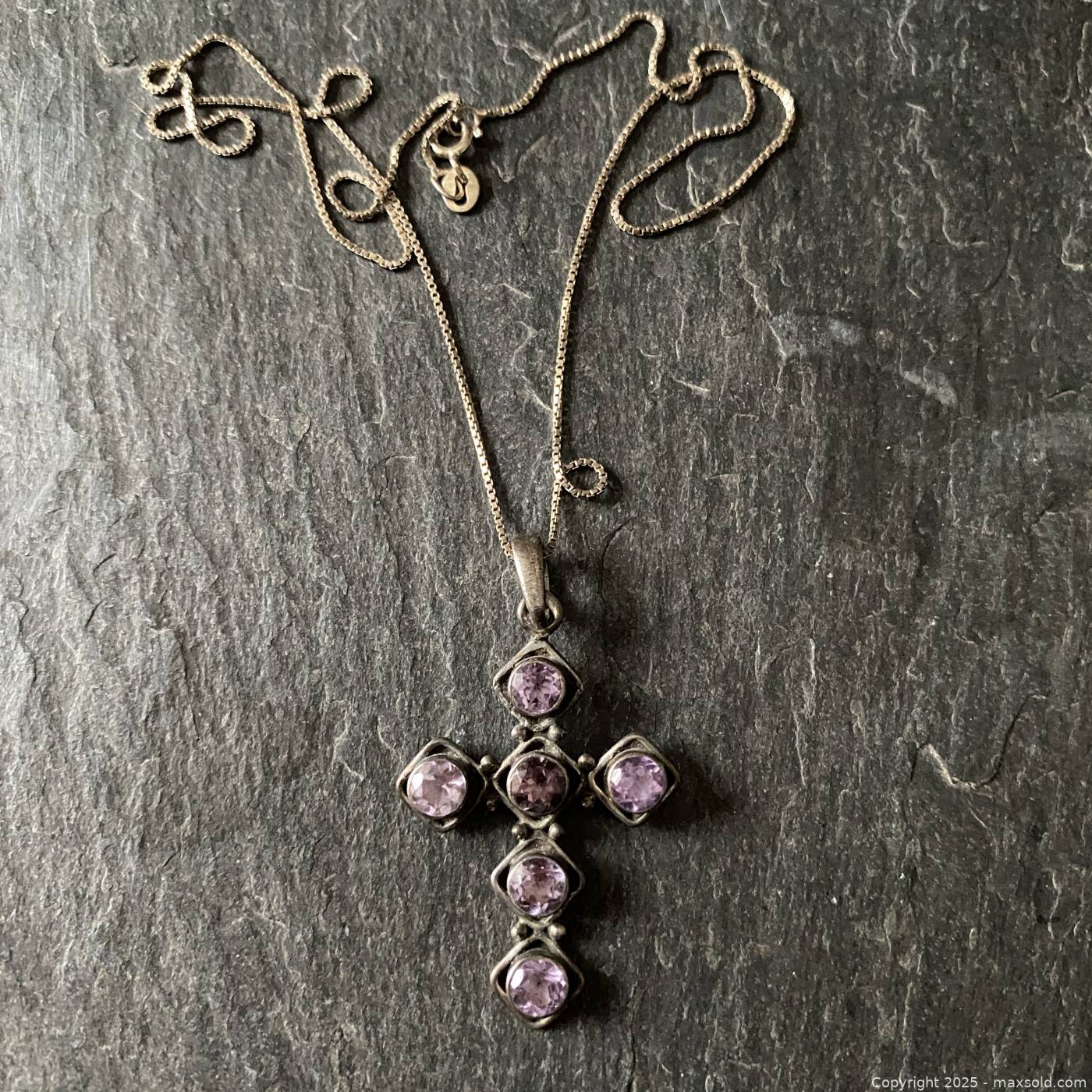 Sterling silver amethyst cross pendant on 18" box chain | Maxsold