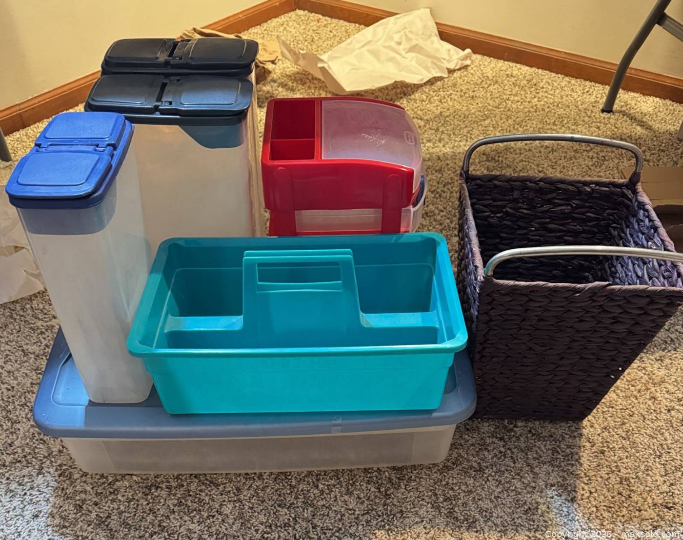 Plastic storage bins, caddy and wicker waste basket | Maxsold