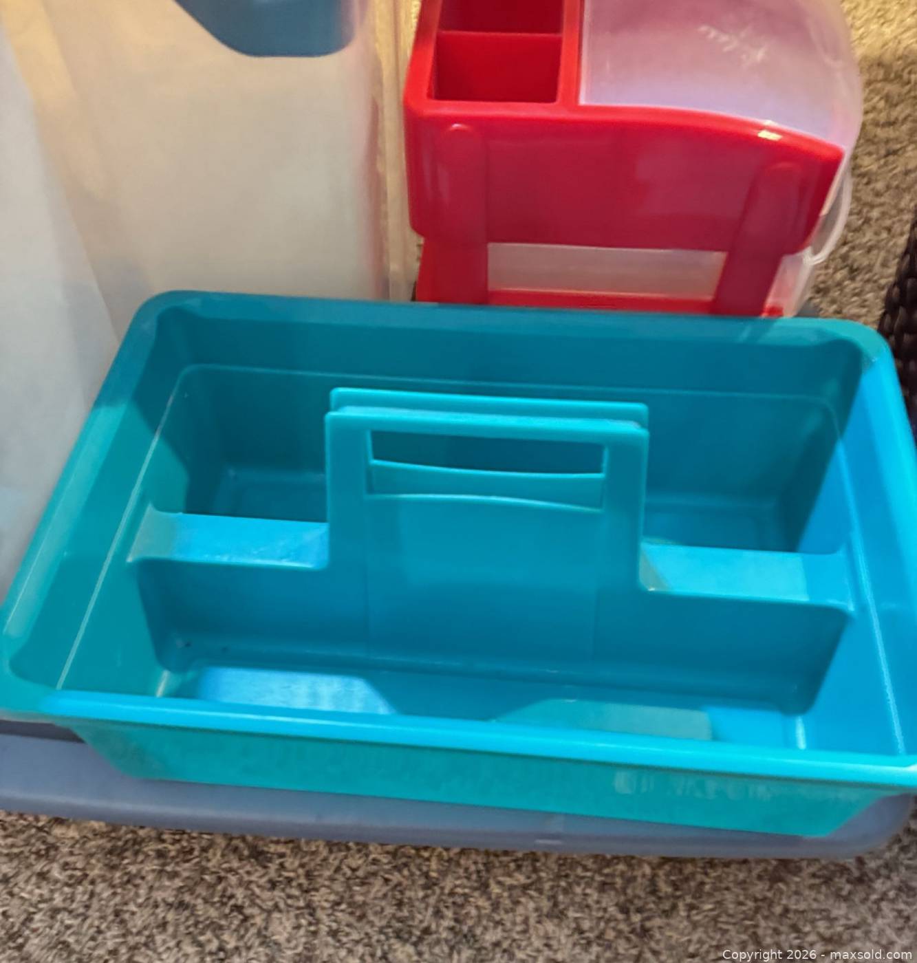 Plastic storage bins, caddy and wicker waste basket | Maxsold