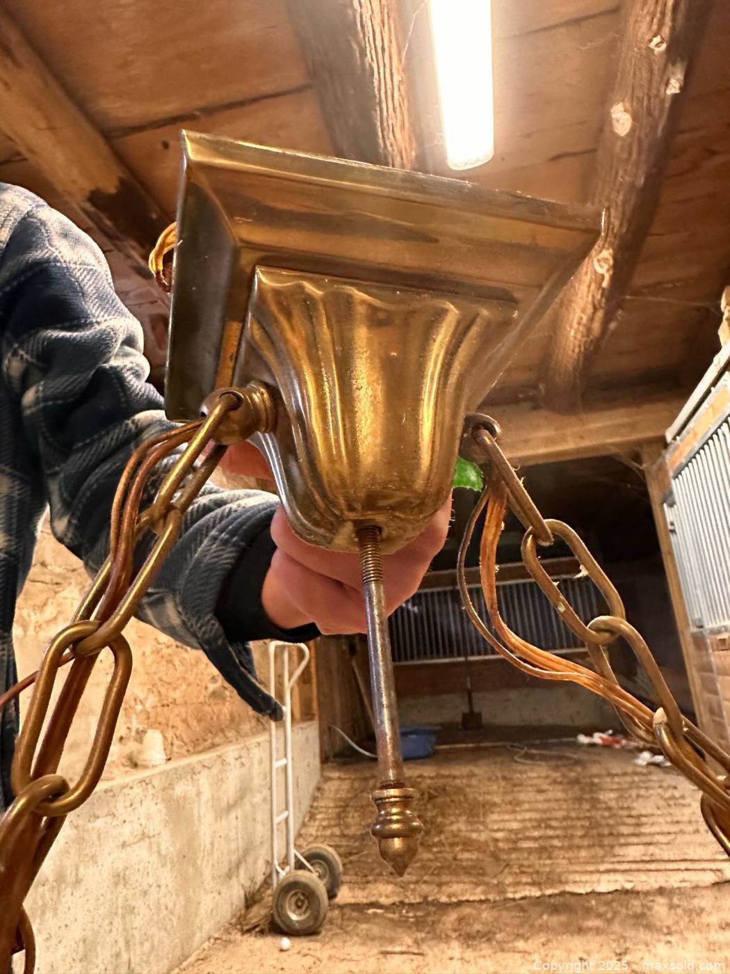 Antique brass two-arm hanging light fixture | Maxsold