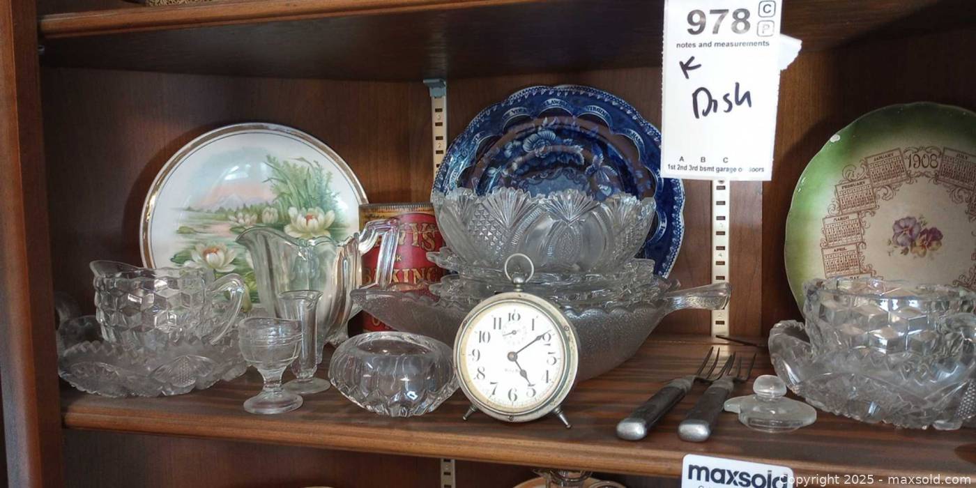 Early 20th-C glassware, porcelain plates & alarm clock, 15 pcs | Maxsold