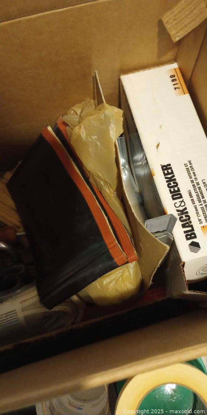 Box of small hardware, tapes & tools | Maxsold