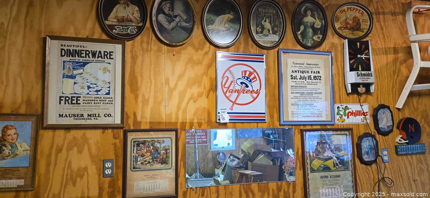 Vintage advertising trays, signs, mirror & clock lot | Maxsold