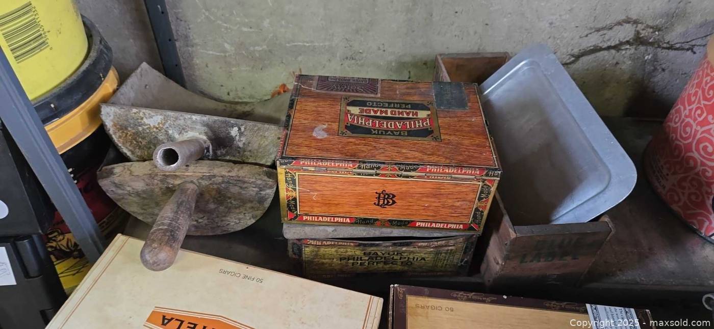Mixed garage contents cigar boxes hand tools hardware | Maxsold