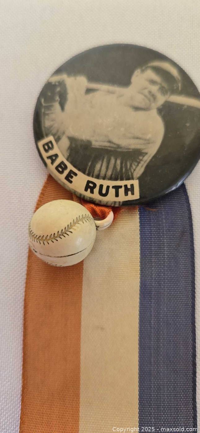 Vintage Babe Ruth pinback button with ribbon and baseball charm | Maxsold
