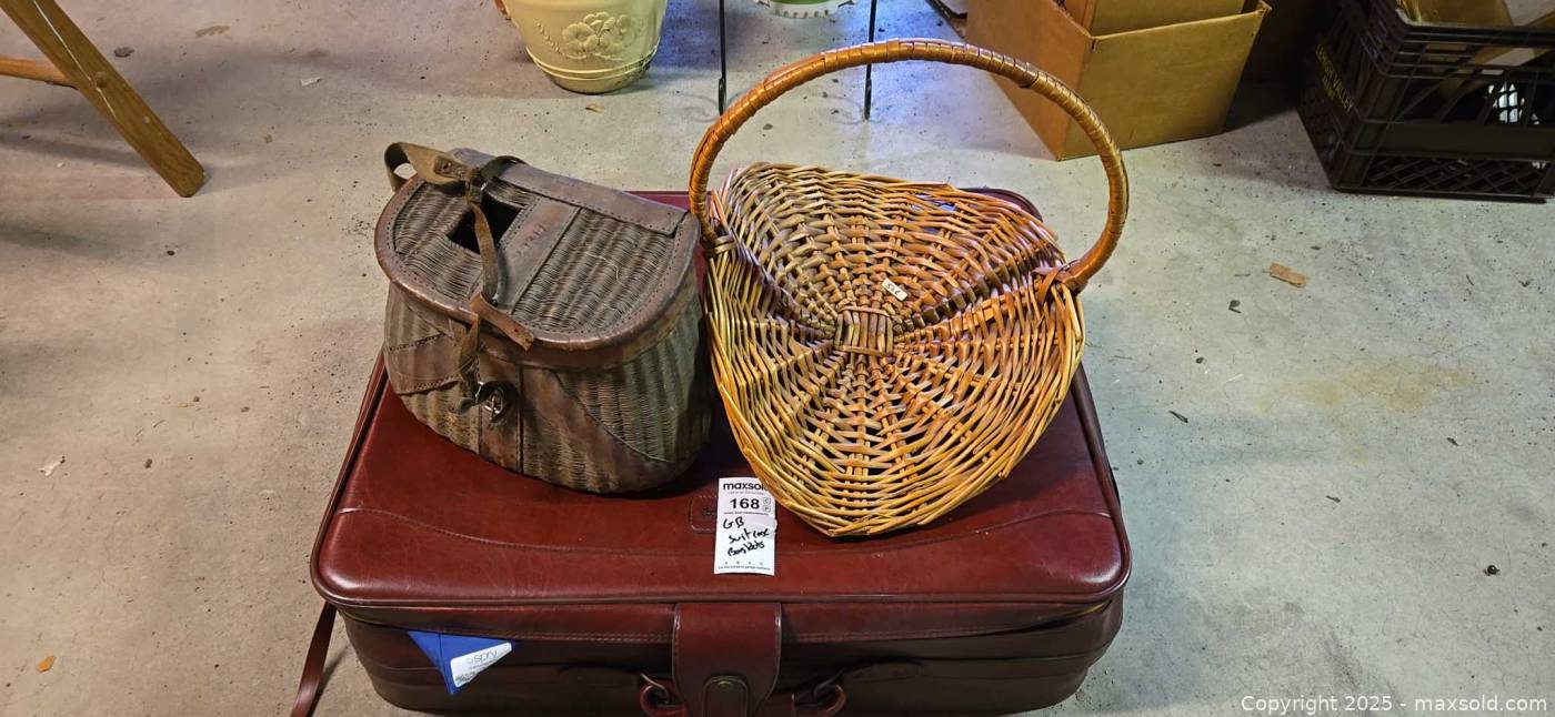 Vintage burgundy vinyl suitcase and two wicker baskets | Maxsold