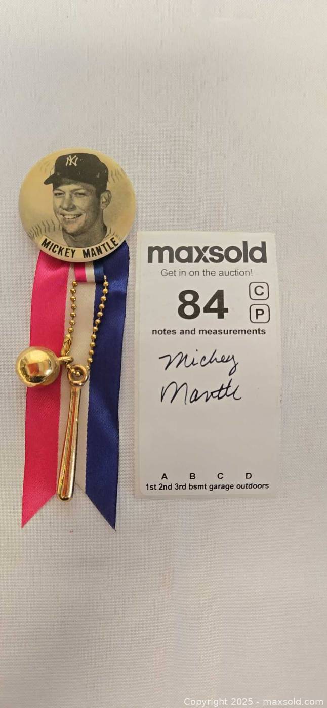 Vintage Mickey Mantle New York Yankees pinback ribbon with bat and ball ...