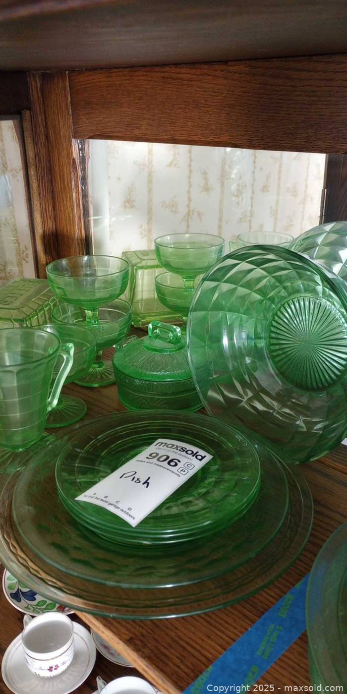 Green uranium glass dinnerware and serving pieces | Maxsold