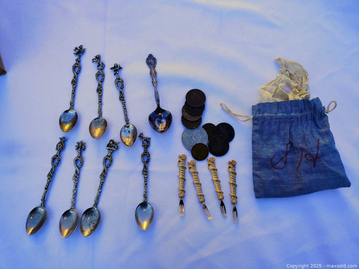 Ornate Italy Teaspoons, Cocktail Forks, Coins & Pouch | Maxsold