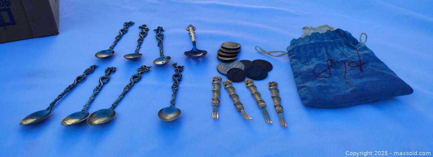 Ornate Italy Teaspoons, Cocktail Forks, Coins & Pouch | Maxsold