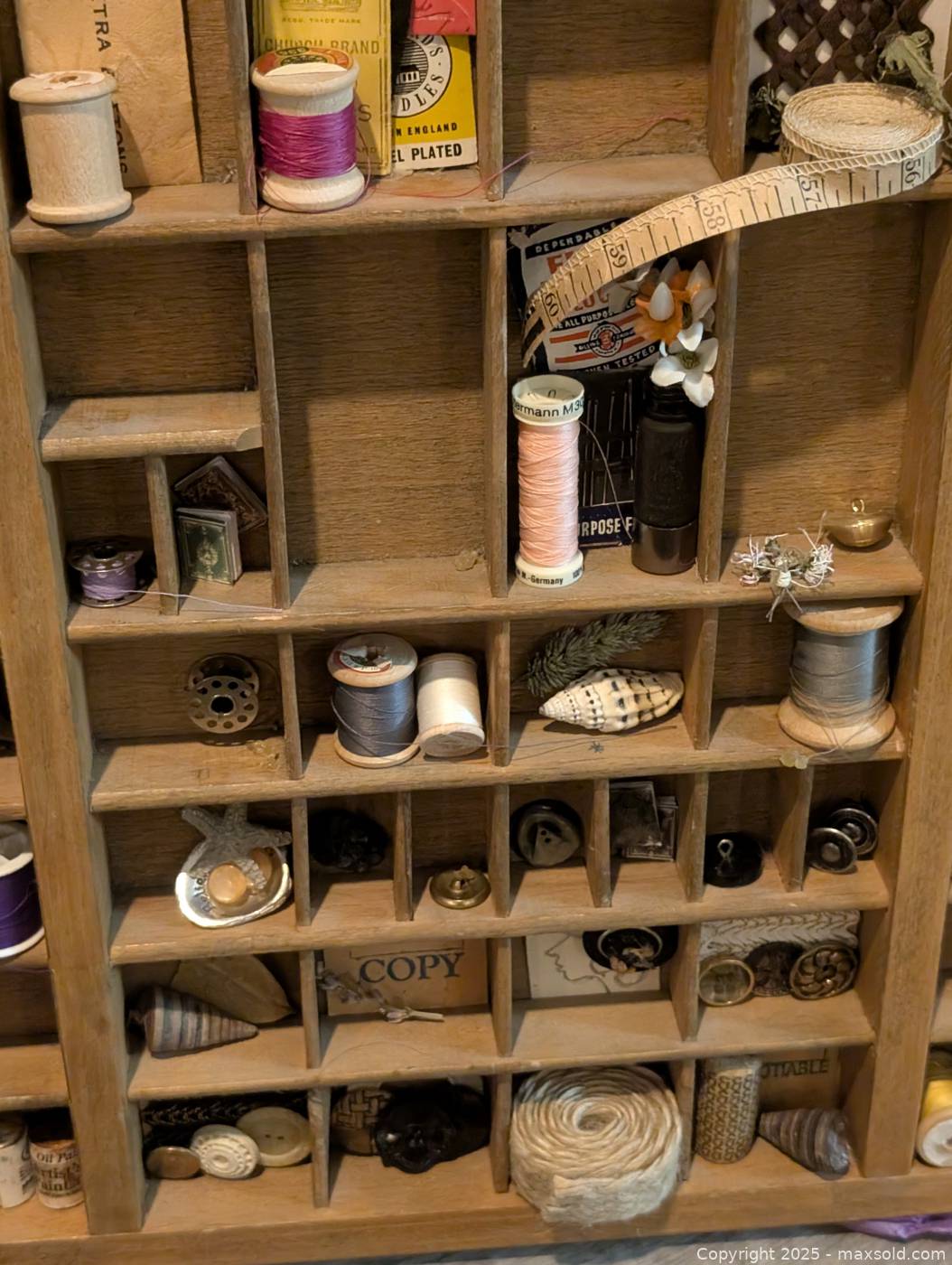 Vintage printer drawer shadow box with spools & trinkets | Maxsold