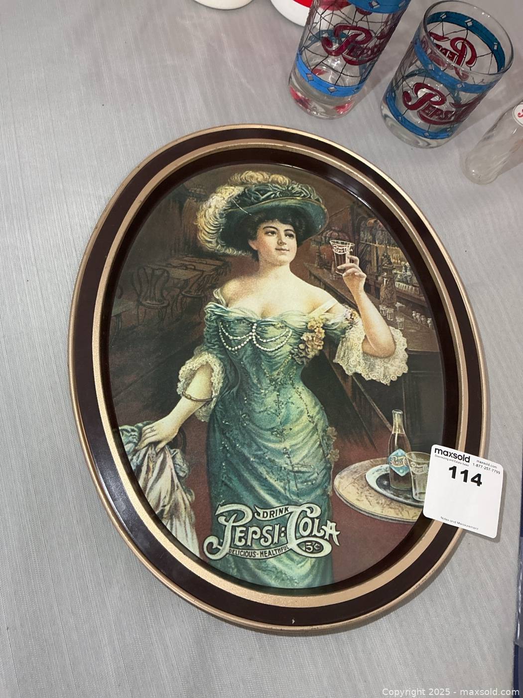 Pepsi metal thermometer, oval tray, assorted glassware and ice bucket ...