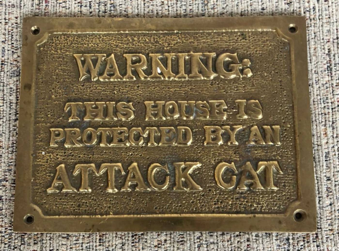 Vintage brass Attack Cat warning plaque | Maxsold