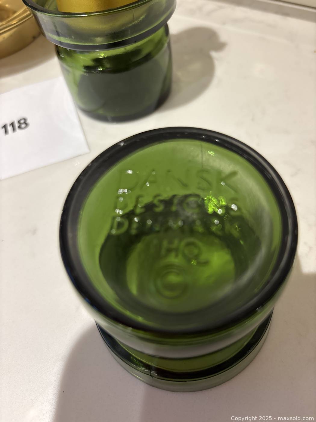 Dansk green glass candle holders, brass hurricane lamp, crystal covered ...