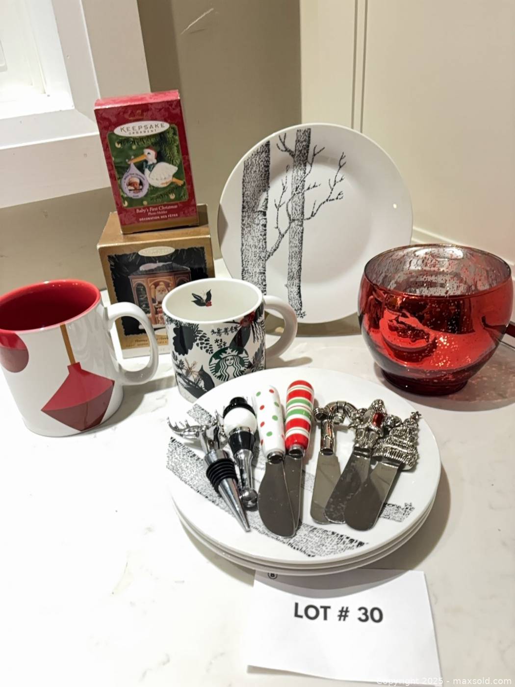 Starbucks holiday mugs, birch plates, spreaders, stoppers, ornaments ...