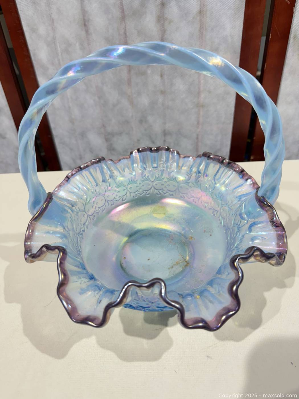 Fenton Plum Crest blue opalescent ruffled glass basket | Maxsold