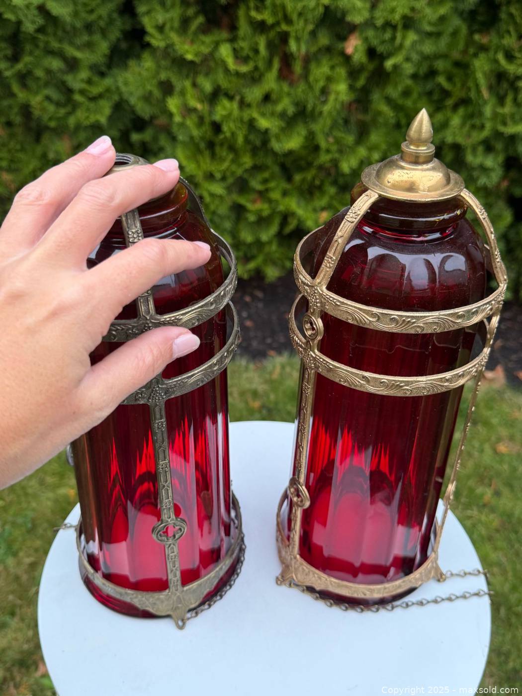 Pair brass framed red glass sanctuary lamps | Maxsold