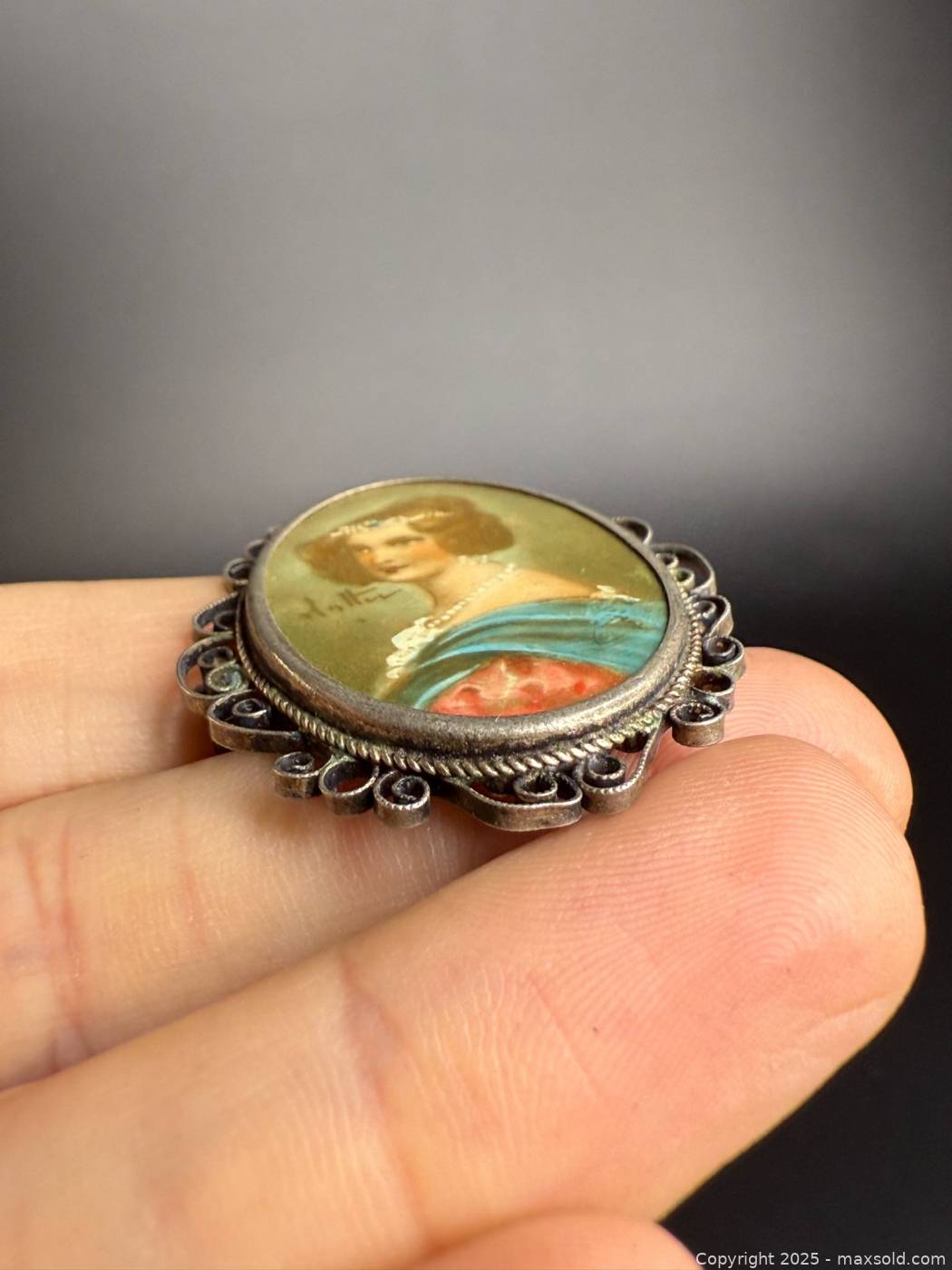 Antique hand-painted portrait silver brooch | Maxsold