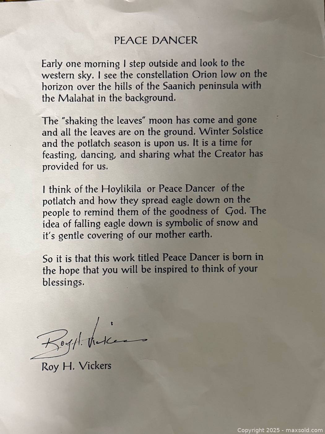 Roy Henry Vickers signed numbered Peace Dancer print | Maxsold