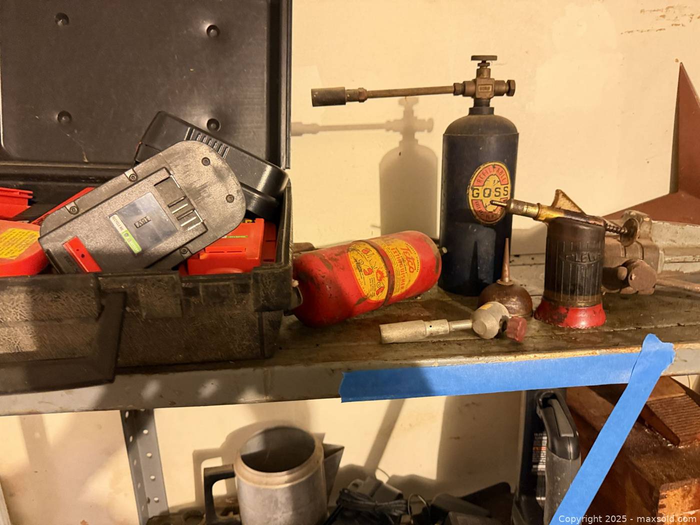 Antique iron, Esquire shoe valet, torches, batteries, tools | Maxsold
