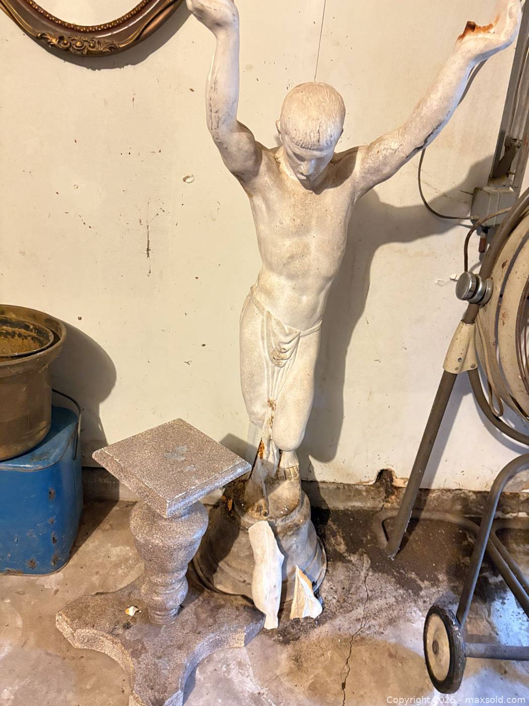 White garden statue and cement stand | Maxsold