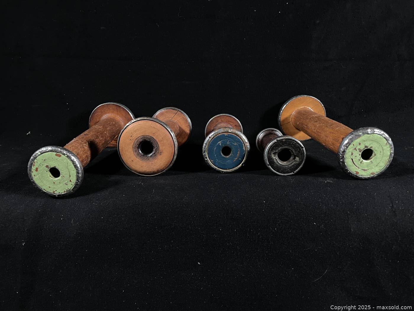 Five vintage wooden textile yarn spools | Maxsold