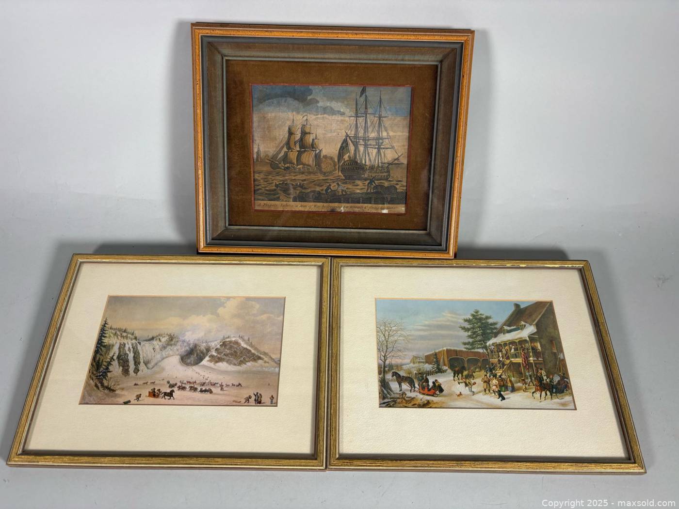 Three framed vintage prints and etching | Maxsold