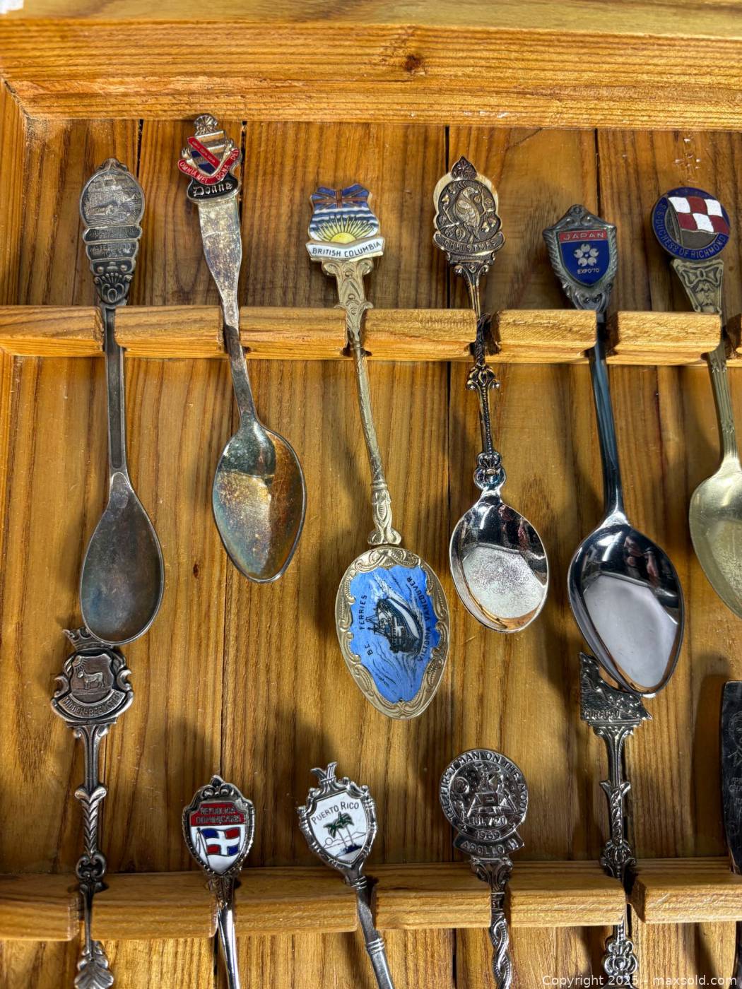 Vintage collector souvenir spoons and wooden display cabinet | Maxsold