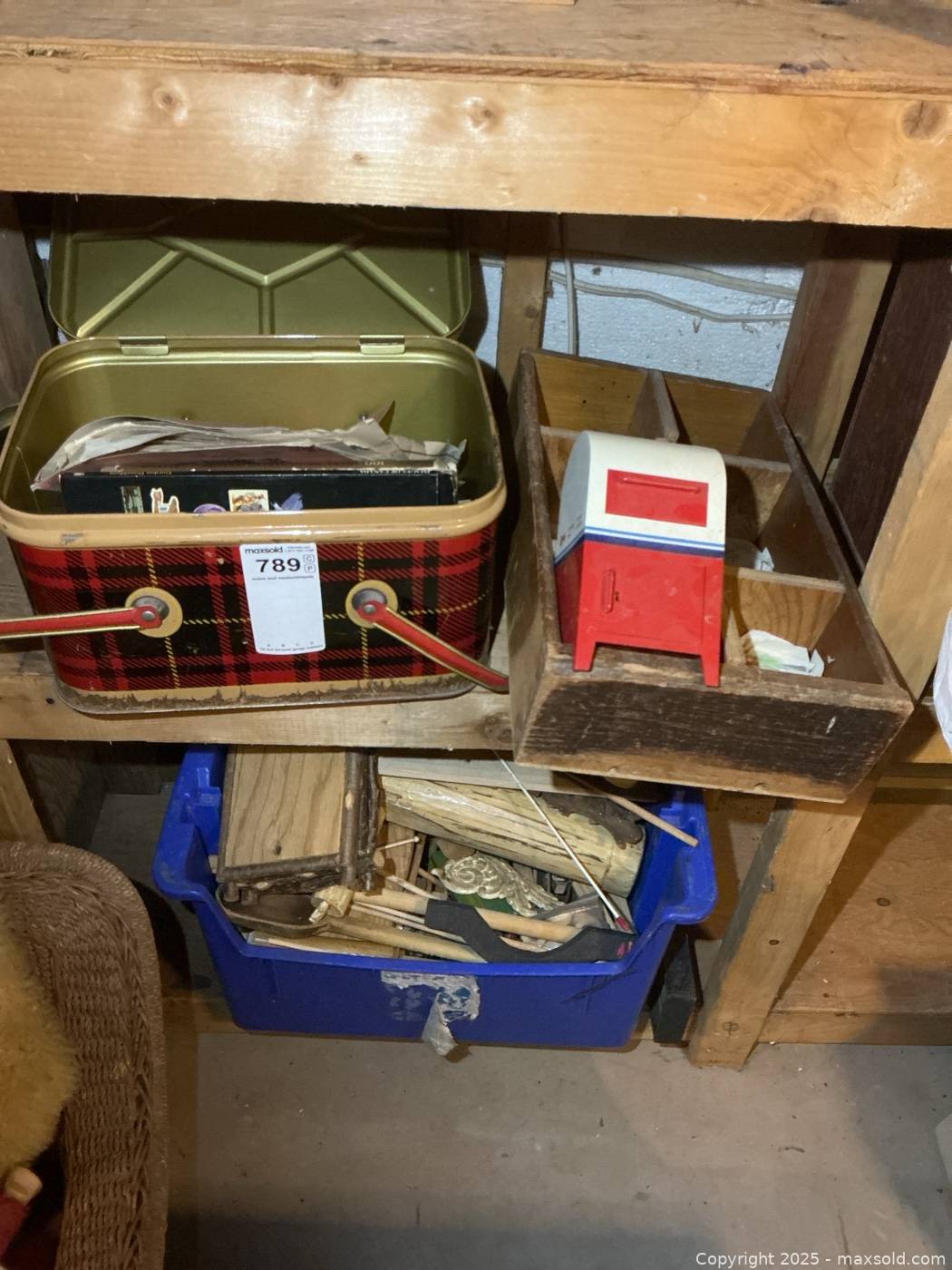 Used postage stamps, plaid metal picnic basket, postal coin bank ...
