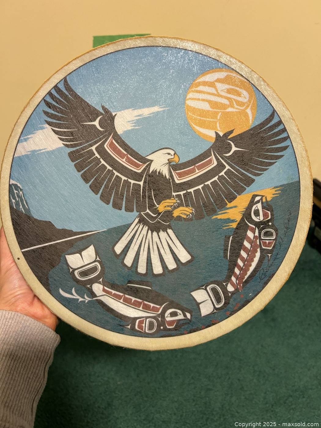 Haida-style Clarence A. Wells drum, Boma Inuit hunter figure and animal ...