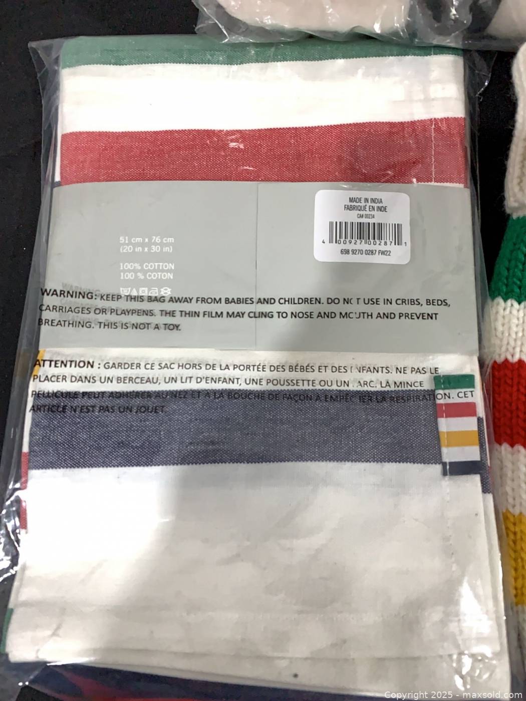 HBC striped throw, mittens, hat, tea towels new | Maxsold