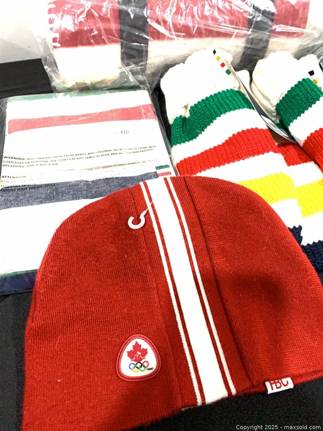 HBC striped throw, mittens, hat, tea towels new | Maxsold