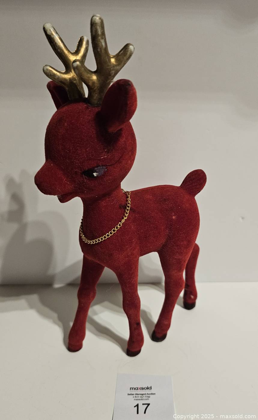 Vintage red flocked blow mold deer figurine | Maxsold